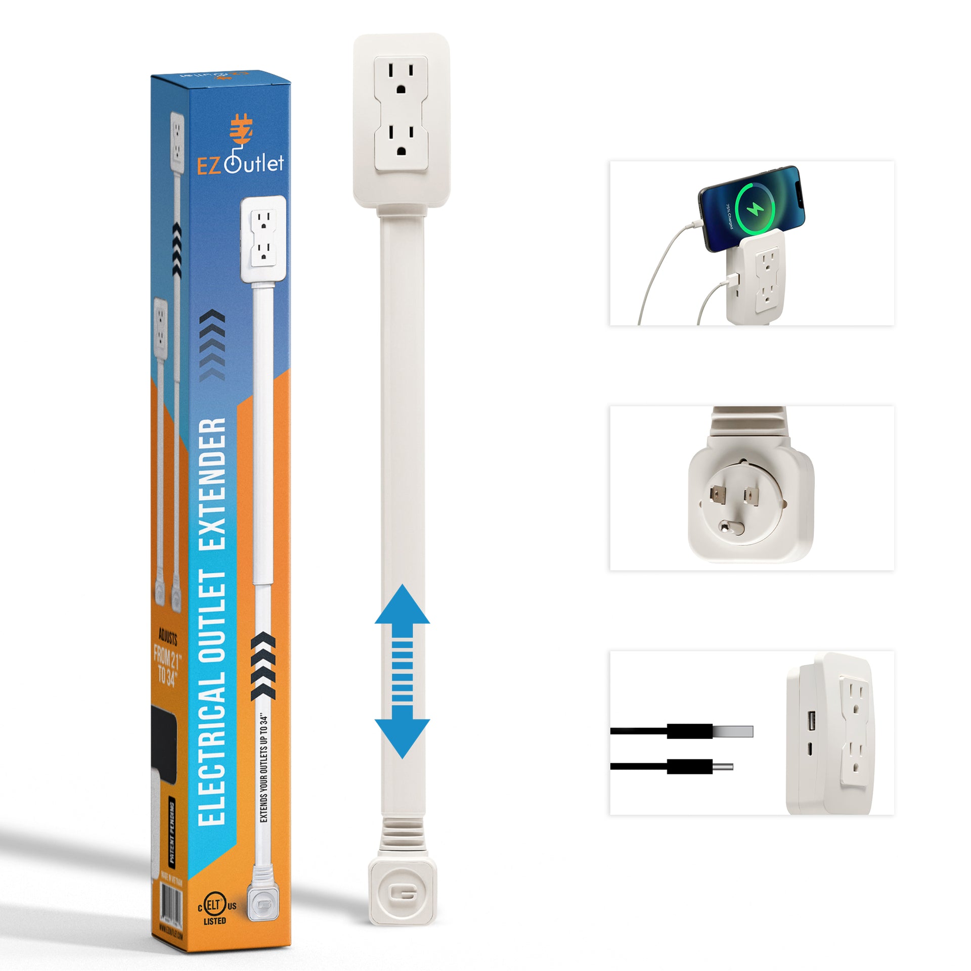 EZ Outlet Electrical Outlet Extender with USB-A USB-C & 2 AC Outlets S ...